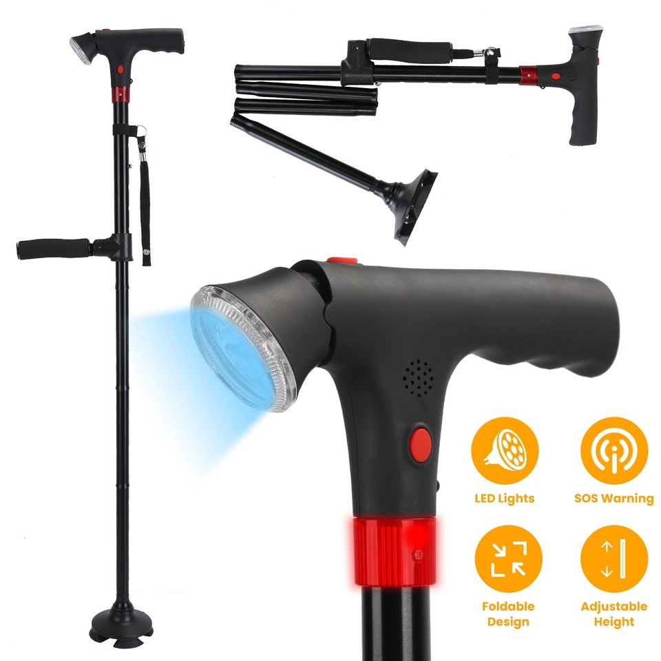 Foldable Lightweight Walking Cane With LED Light Adjustable SOS Alarm ...
