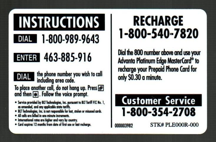 BLT TECHNOLOGIES Advanta Platinum Edge 1996 Phone Card ( EXPIRED ) | eBay