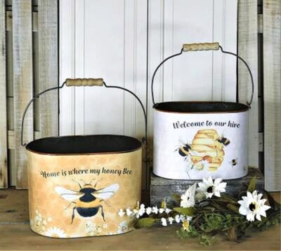 New SET 2 HOME IS WHERE MY HONEY BEE HIVE BUCKET Metal Basket Oval ...