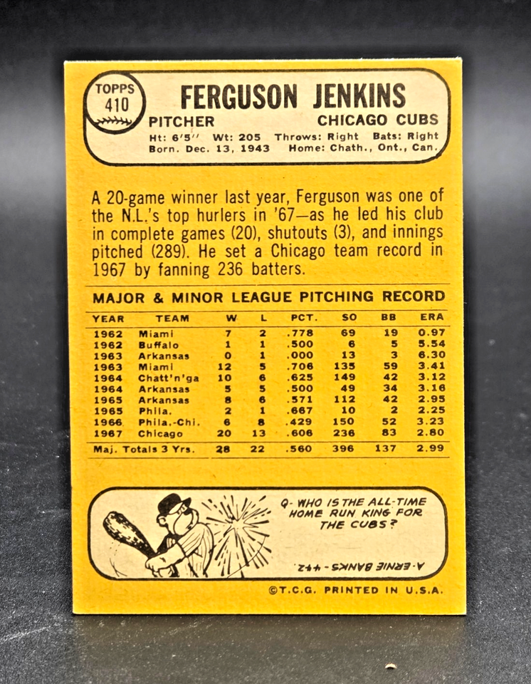 1968 Topps #410 Fergie Jenkins HOF Semi-High# EX-MT/NM NICE! TOUGH ...