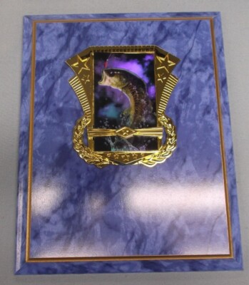 large bass FISH plaque bright blue with gold border 8 x 10 size trophy ...