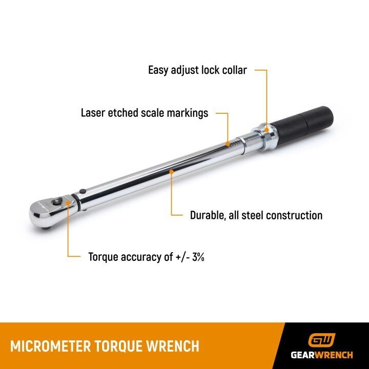 GearWrench 85066M 1/2" Drive Micrometer Torque Wrench - Polish Chrome ...