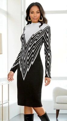 Size 2X PLUS Ashro Alexandra Black and White Winter Sweater Dress | eBay