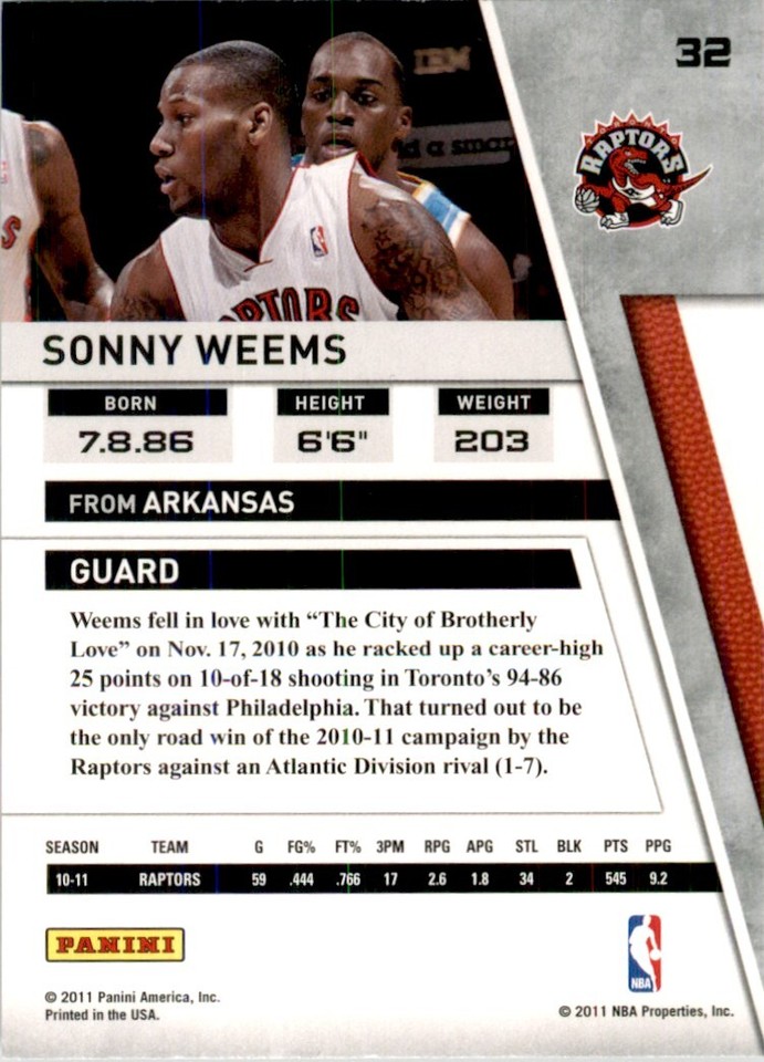2010-11 Panini Season Update Sonny Weems Toronto Raptors #32 NBA ...