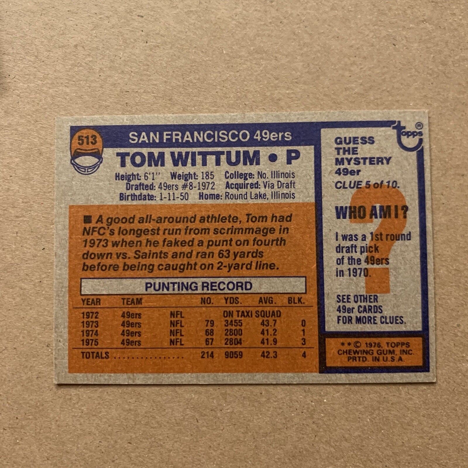 1976 Topps Tom Wittum # 513 San Francisco 49ers Niners Football Card ...