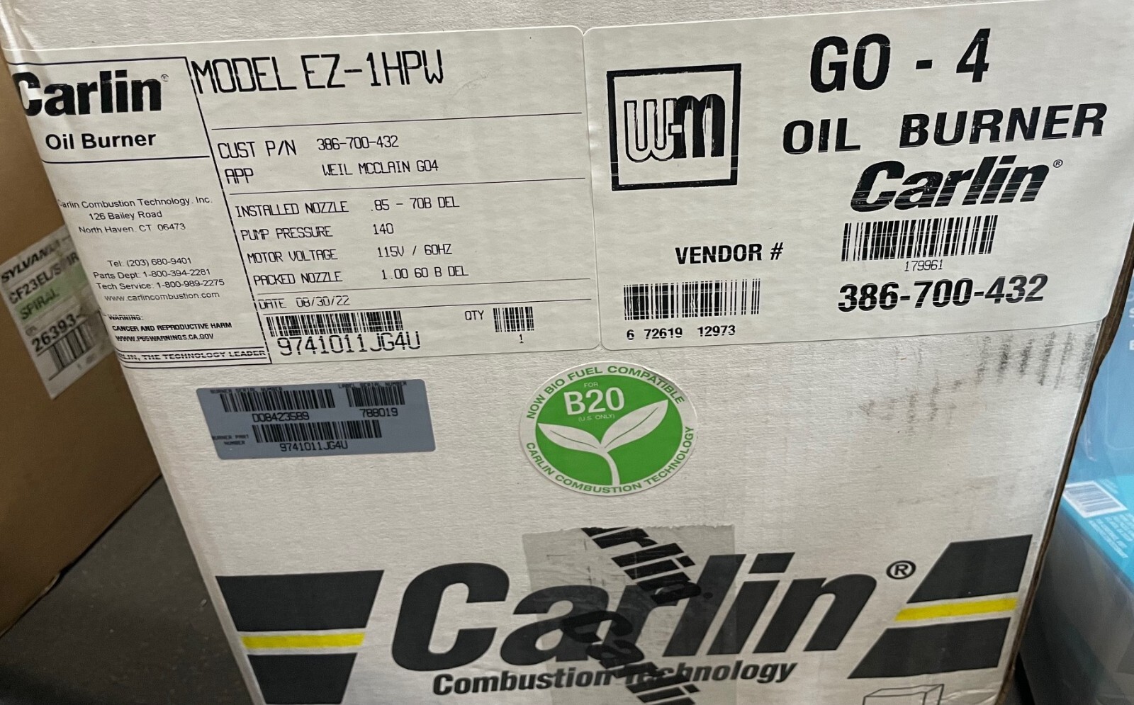 Carlin EZ Series Combustion Oil Burner EZ-1HPW 386-700-432 Weil-McLain ...