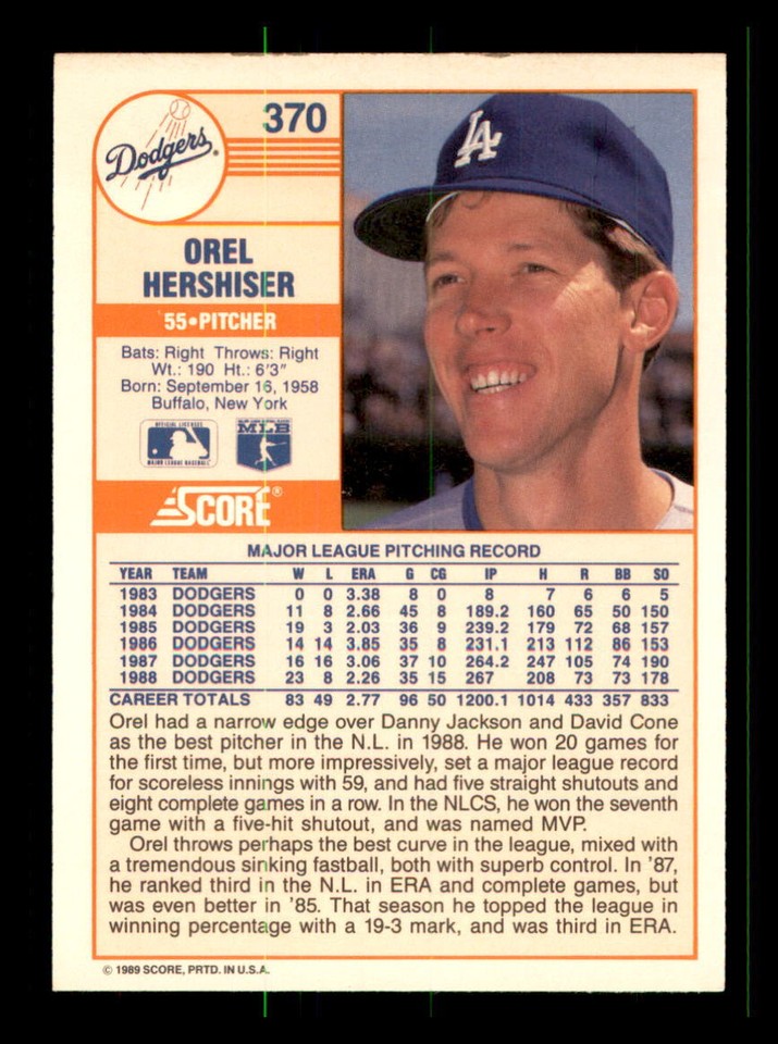 1989 Baseball 1989 Score Orel Hershiser Los Angeles Dodgers #370 1 | eBay