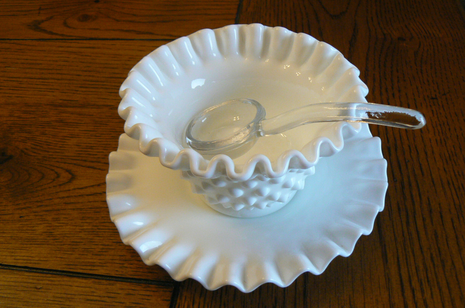 Fenton Milk Glass Hobnail Ruffled Edge Mayonnaise Bowl Underplate Spoon ...
