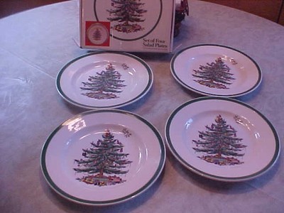 SPODE MINT IN BOX SET OF FOUR SALAD PLATES, ENGLAND, XMAS TREE PATTERN ...