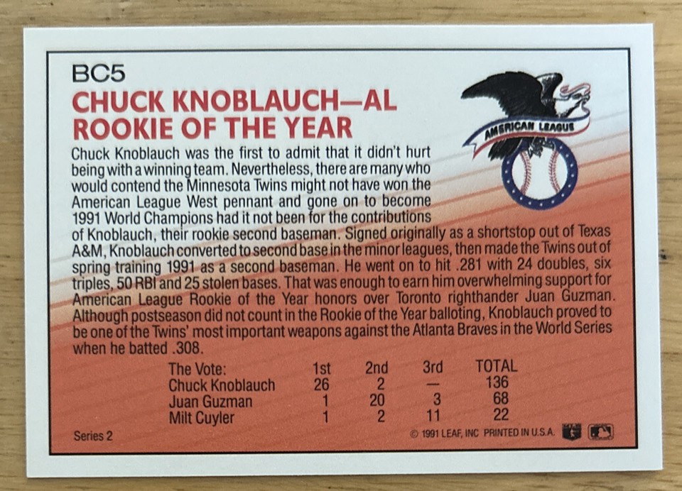 1992 Donruss Chuck Knoblauch “1991 AL ROY” Rookie Card (RC) #BC5 Twins EXMT O/C | eBay