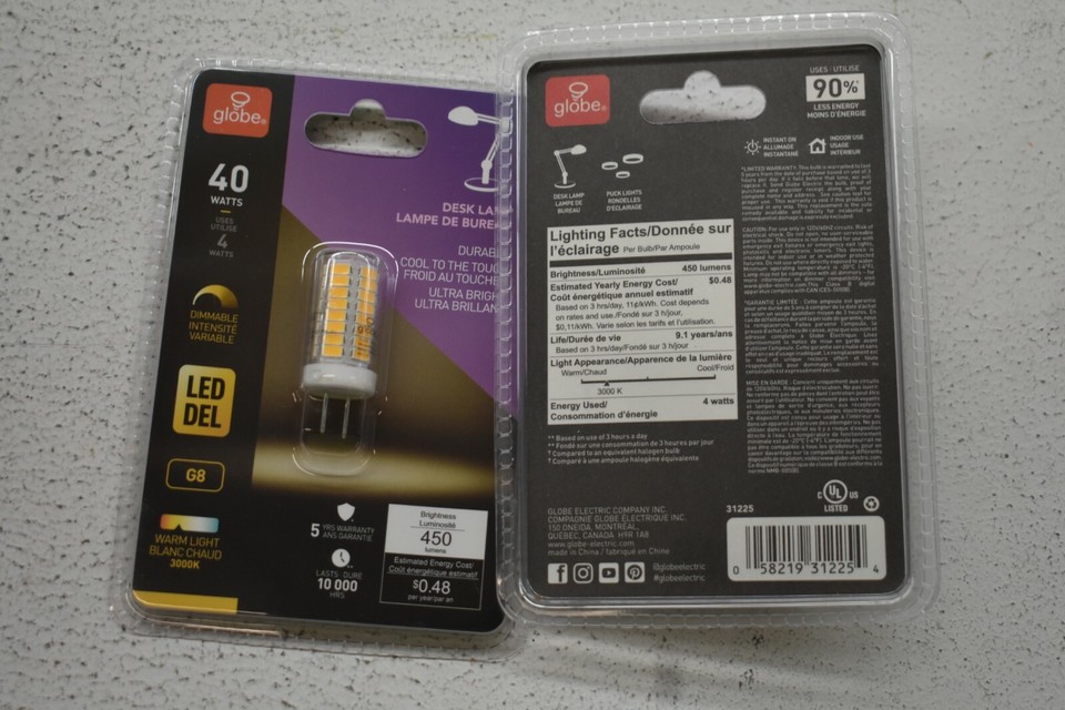 2 Pack Globe Desk Lamp Durable 40 Watts LED G8 Warm Light Ultra Bright ...