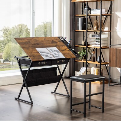 Art Craft Table Drawing Table Tiltable Tabletop w/Stool and 2 Storage ...