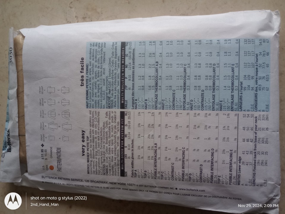BUTTERICK 3030 TOPS CUT SEWING PATTERN | eBay