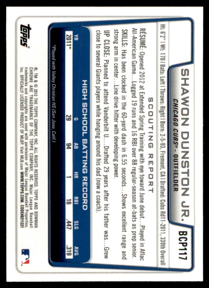 2012 BOWMAN CHROME SHAWON DUNSTON JR. CHICAGO CUBS #BCP117 | eBay