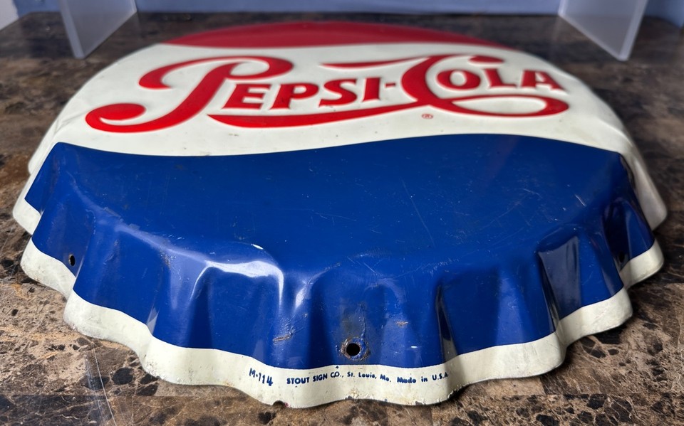 1950's Stout Sign Co. M-114 Pepsi Bottle Cap Sign 19" EXCELLENT ORIG ...