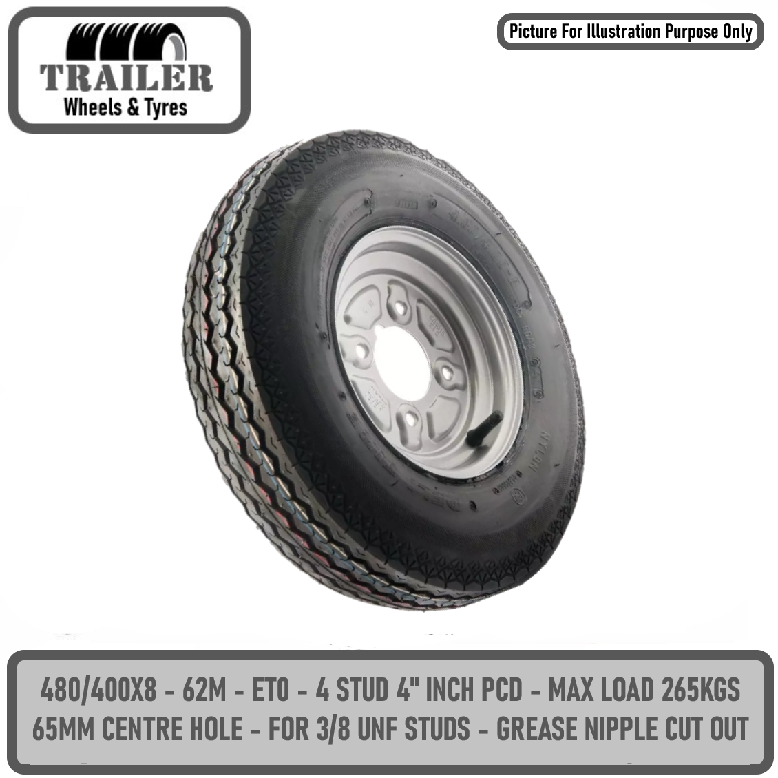 Trailer Wheel Rim & Tyre Complete 480/400 x 8 inch 4Ply 4 x 4 inch PCD ...