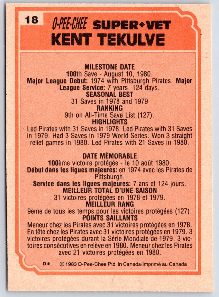 KENT TEKULVE / SUPER VETERAN 1983 O-PEE-CHEE 83 NO 18 NRMINT+ 57578 | eBay