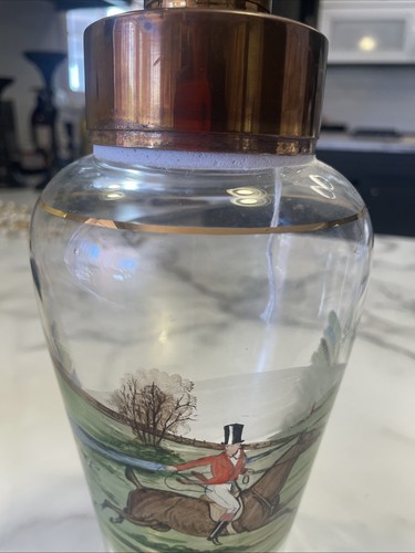 Cocktail Shaker Emaille ROYAL MAIL Hand Painted Glass Brass England mid ...