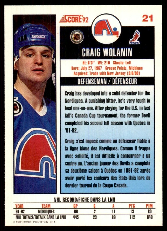 1992-93 Score Canadian Craig Wolanin Quebec Nordiques #21 | eBay