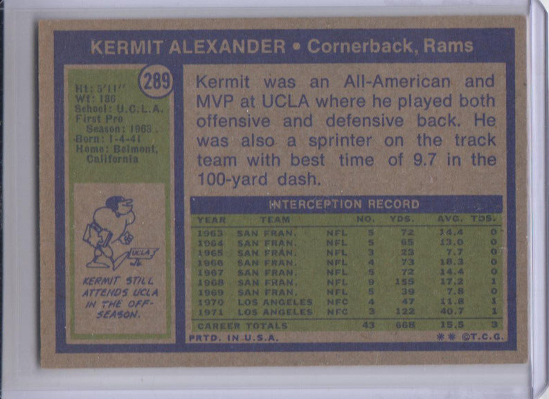 1972 Topps #289 Kermit Alexander Los Angeles Rams Cornerback High ...