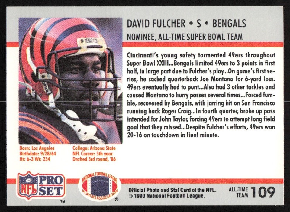 1990 Pro Set Super Bowl Supermen David Fulcher #109 Cincinnati Bengals ...