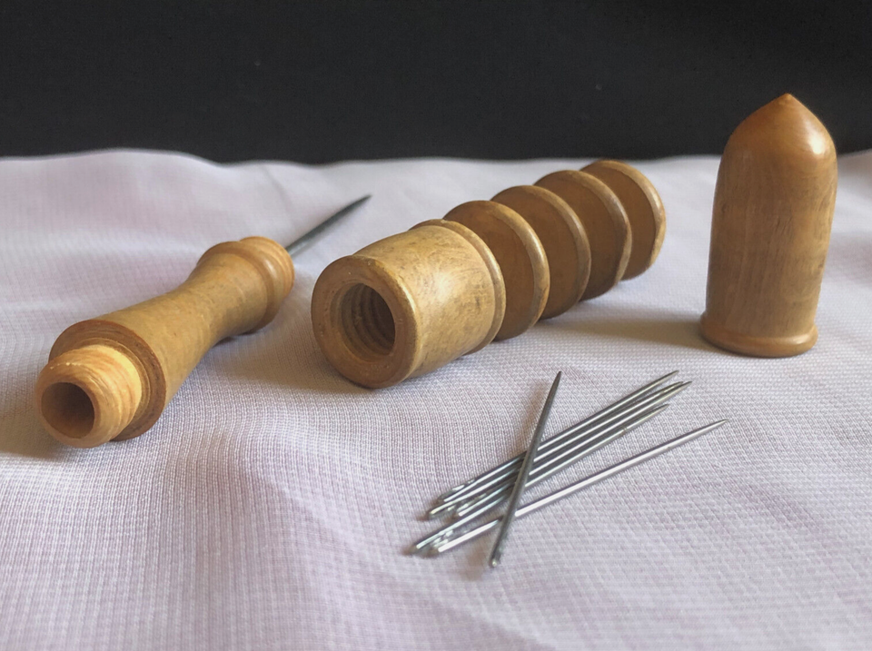 Antique Turned Wood Treen Sewing Case Thread Holder Needle Case Awl ...
