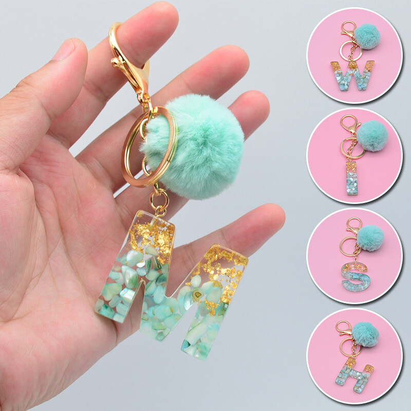 Fluffy Letter A-Z Keychain Keyring With Ball Resin Key Chain Pendant ...