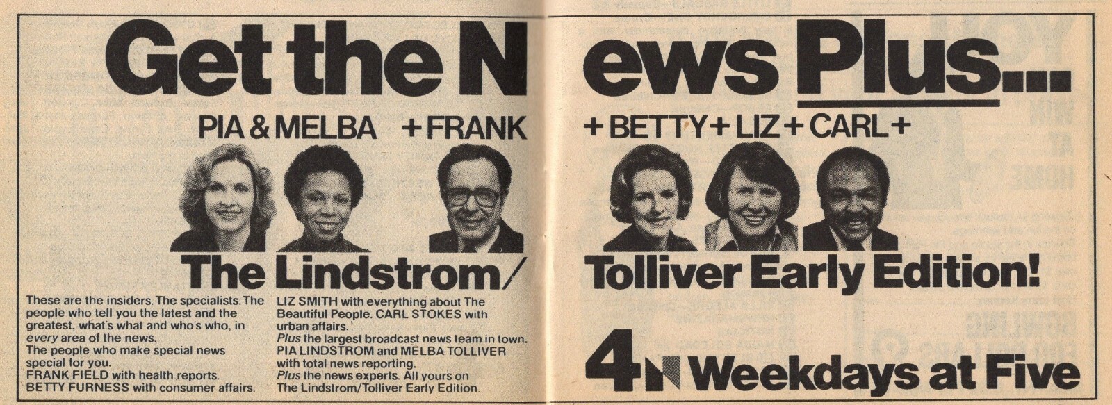 WNBC NEW YORK TV NEWS AD/MELBA TOLLIVER/PIA LINDSTROM/CARL STOKES/FRANK ...