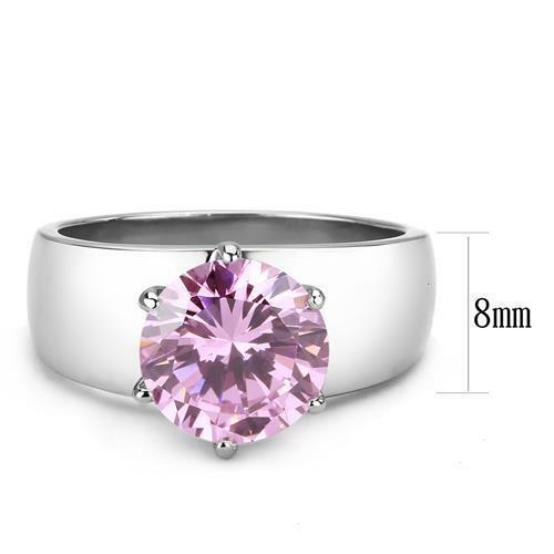 Silver pink ring solitaire ladies cubic zirconia 2 carat stainless ...