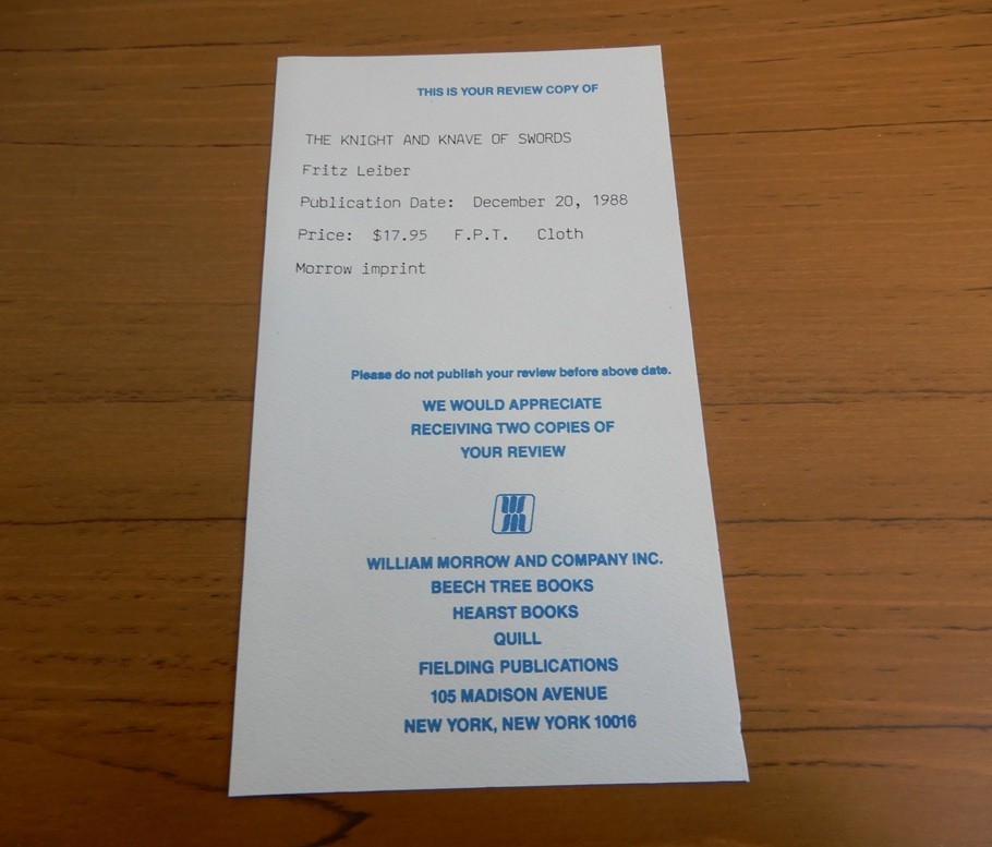 Knight and Knave of Swords by Fritz Leiber REVIEW COPY 1st ed/1st ptg ...