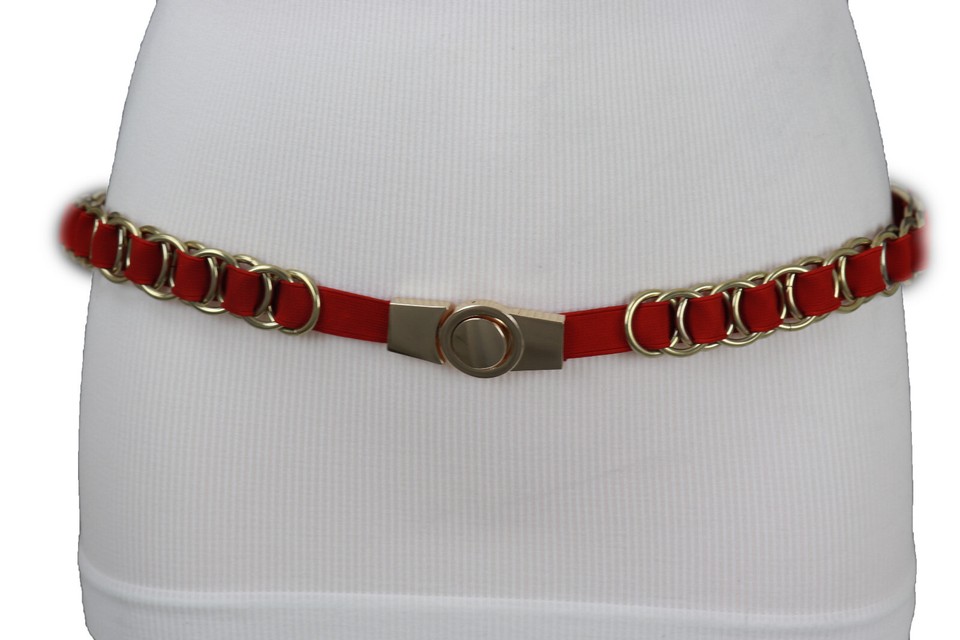 Women Red Stretch Skinny Strap Pant Jeans Loop Belt Gold Metal Chain ...