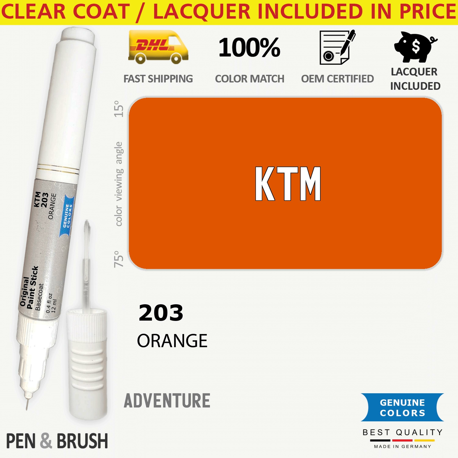 203 Touch Up Paint for KTM Orange ADVENTURE KTM/203 ORANGE Pen Stick ...