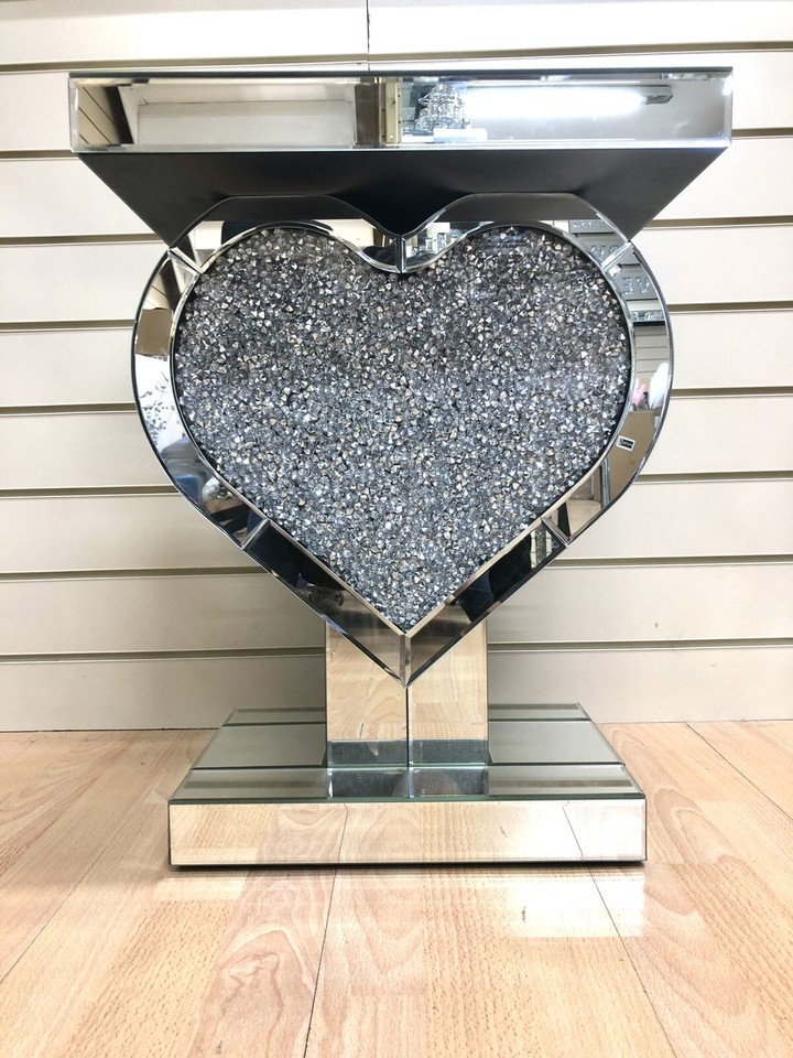 Mirrored Crushed Crystal Diamond Heart Shape Pedestal Table End Table ...