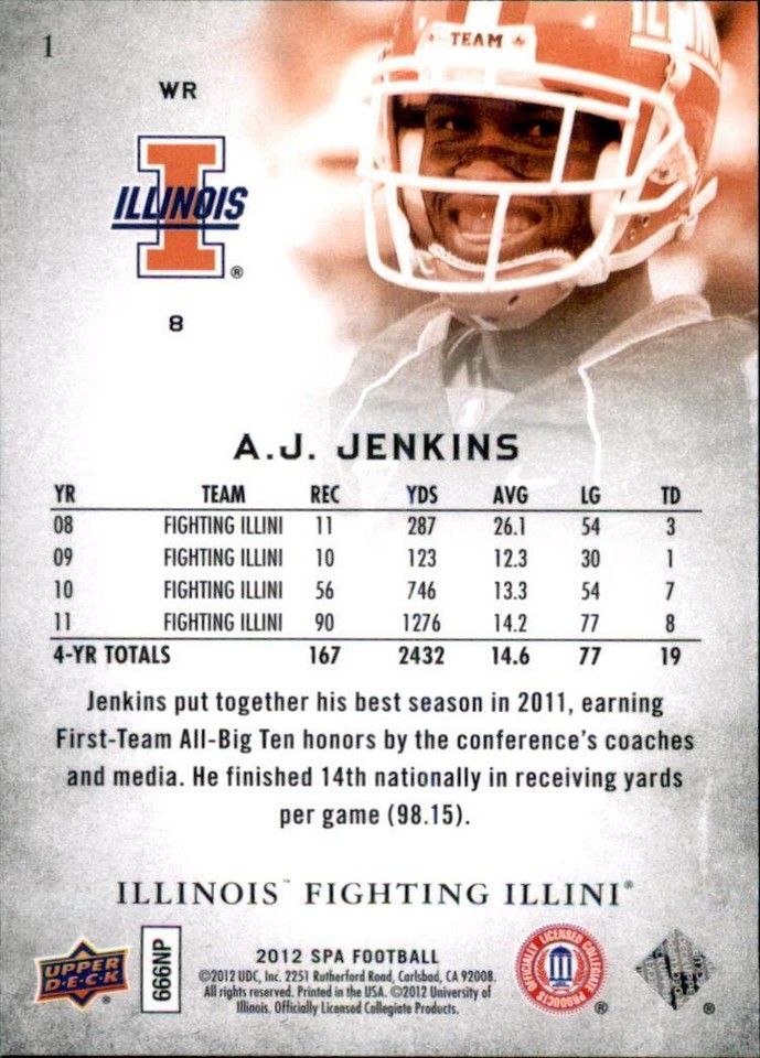 2012 SP Authentic Rookie #1 AJ A.J. Jenkins Illinois Fighting Illini | eBay