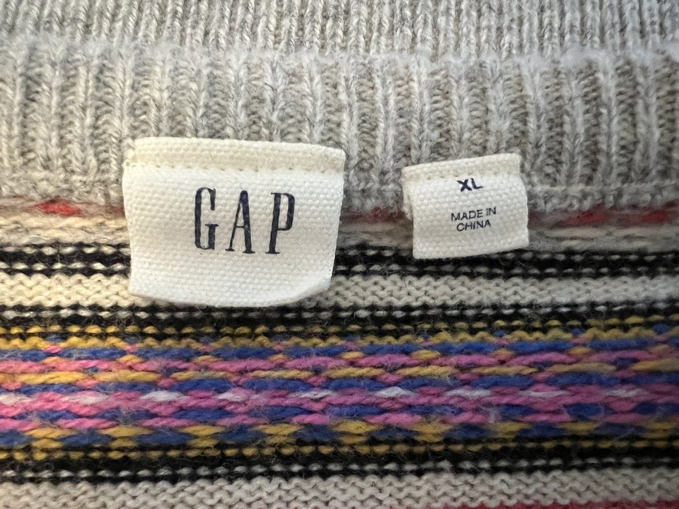 GAP Fair Isle Sweater Size XL Grey Pink Multi Wool Blend Stripes ...