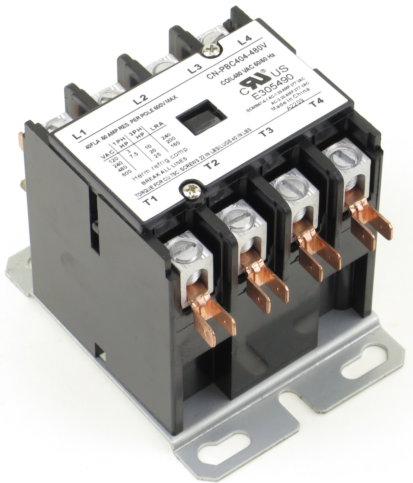 CN-PBC404-480V DEFINITE PURPOSE CONTACTOR 40AMP 4POLE 480V COIL 40 FLA ...
