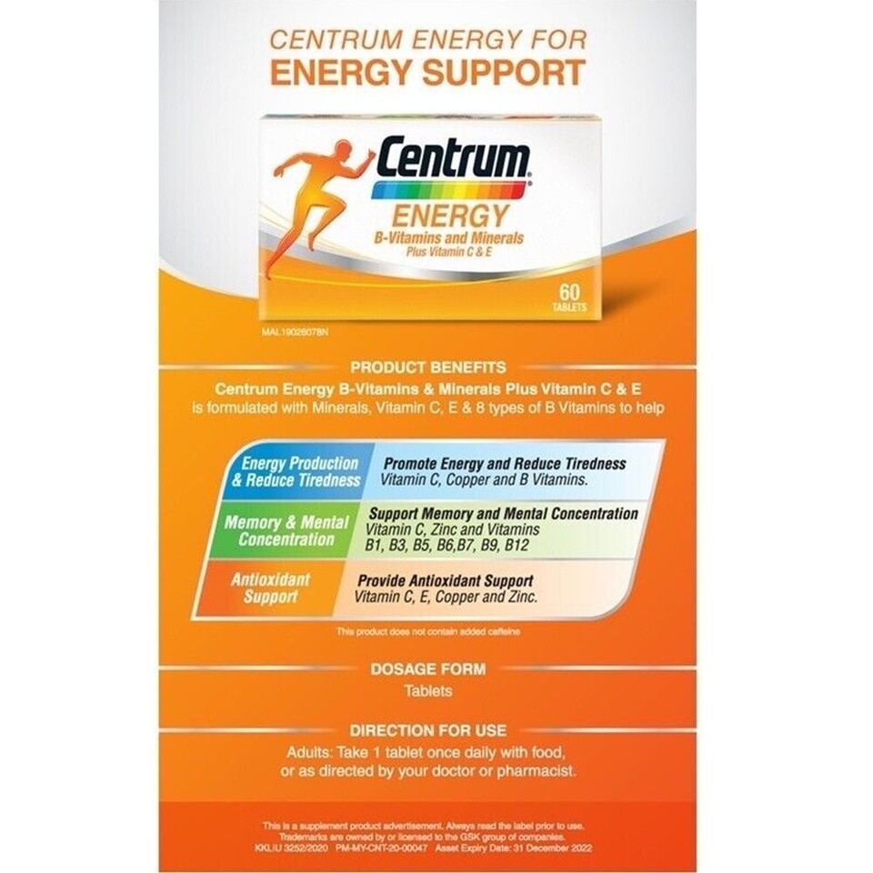 (120 Caps) 2x Centrum Energy B-Vitamins Vitamin C E Lutein & Free ...