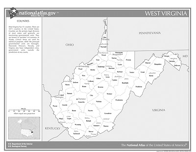 West Virginia State Counties w/Cities (Black&White) Laminated Wall Map ...