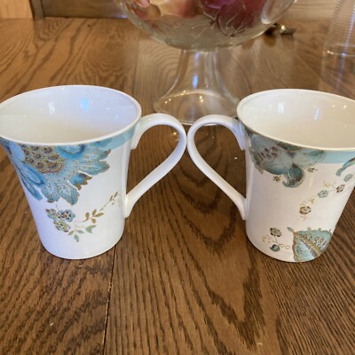 222 Fifth Eliza Spring Coffee Mugs TURQUOISE FLORAL SET of 2 | eBay