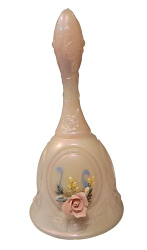 Vintage FENTON Pink Bell Iridescent Art Glass Applied Roses BA Farley ...