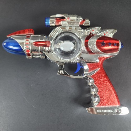 Space Ray Gun Toy Blaster - Red & Blue Plastic with Chrome Finish - 9 ...