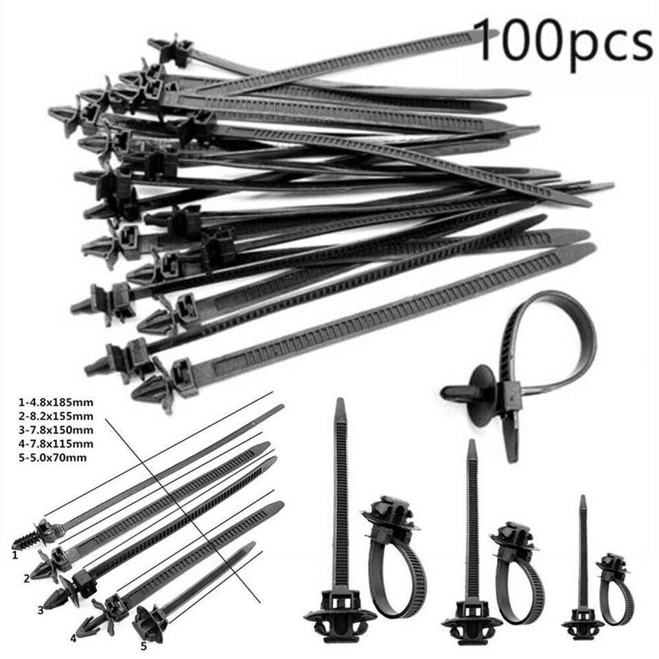 100PCS Car Line Cable-Ties Zip Wrap Push Rivet Clip Wiring Loom Harness ...