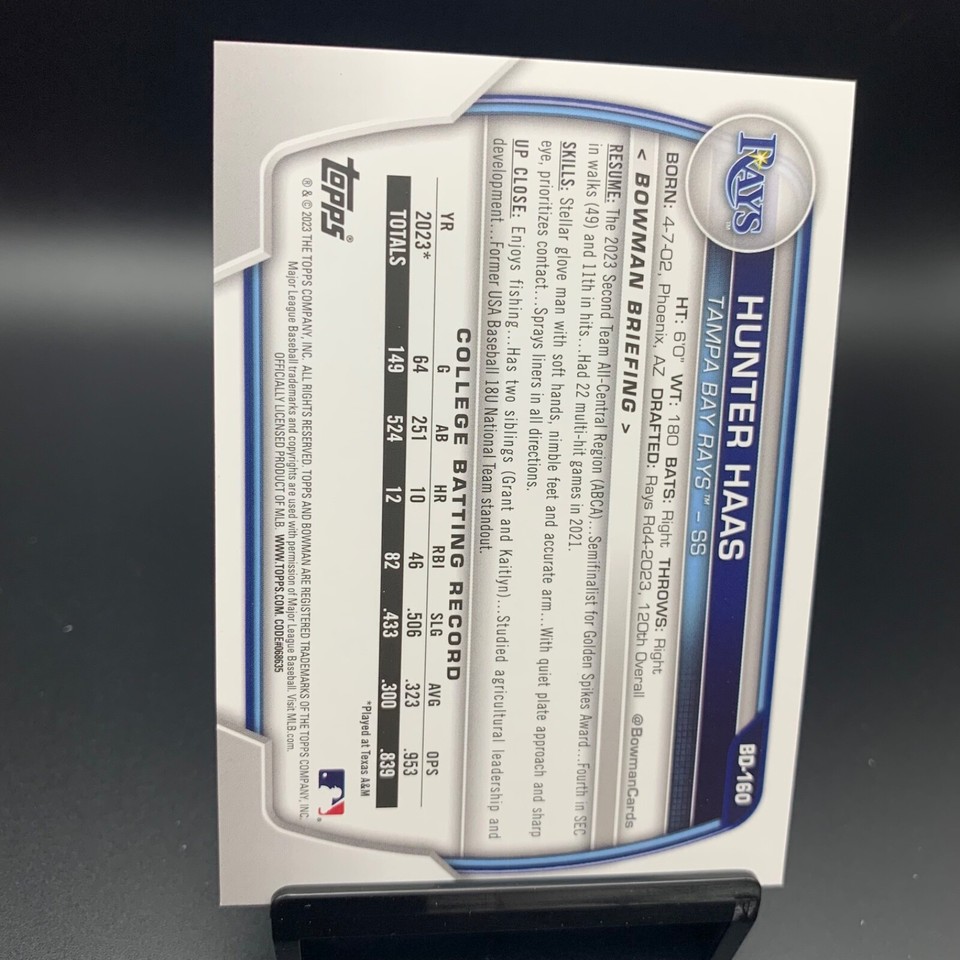 2023 Bowman Draft Paper 1st Bowman #BD-160 Hunter Haas Tampa Bay Rays ...