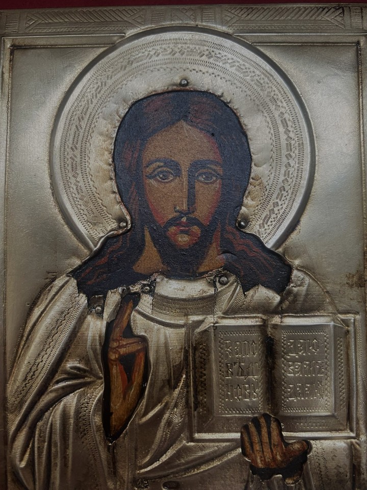Old unique silver orthodox hand painted icon of Jesus Christ Almighty ...