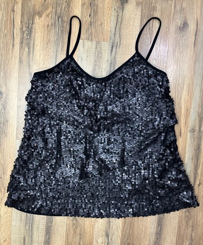 Cocomo Black Sequin Tiered Spaghetti String Top Women’s Size XL Bling ...