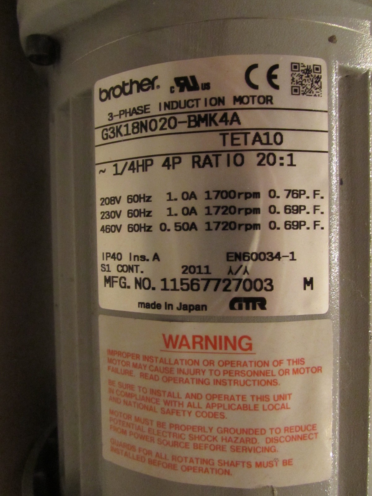Brother 3-Phase Induction Motor G3K18N020-BMK4A 1/4HP 20:1 Reduction ...
