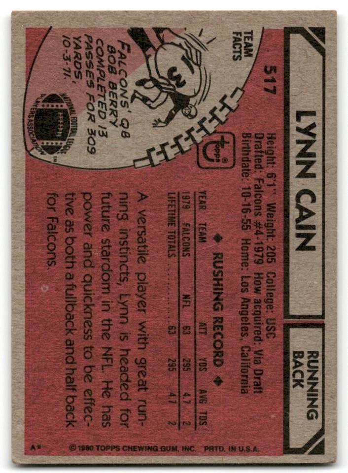 1980 Topps Lynn Cain #517 RC Atlanta Falcons | eBay