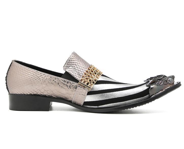 Men's Fashion Pointy Toe Metal Chain Textured Leather Shoes Youth Party ...