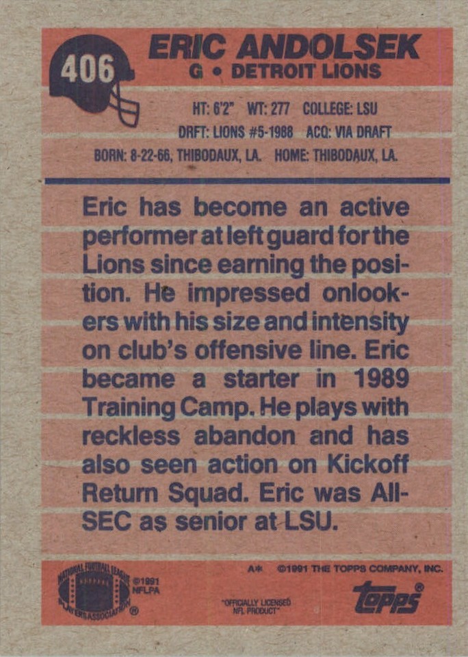 1991 Topps NFL Eric Andolsek #406 | eBay
