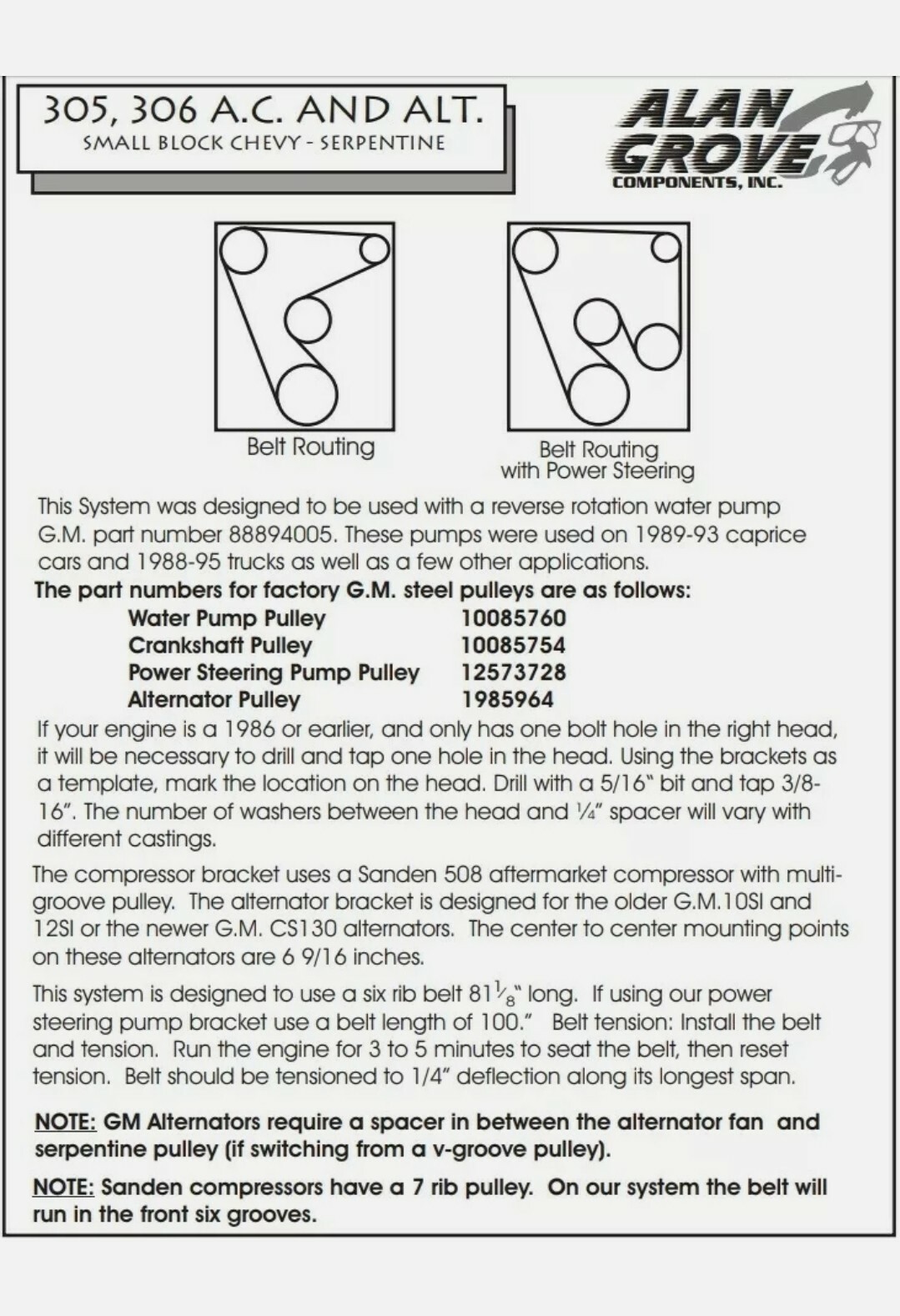 Alan Grove 306 Bracket Kit Set Alternator A/C Air Compressor SBC LWP 87 ...